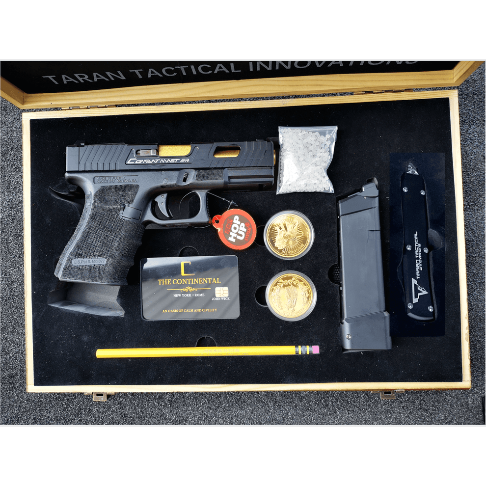 Double Bell Glock 19 TTI Style JW John Wick Pistol With Wood Case GBB – Custom Gel Blasters